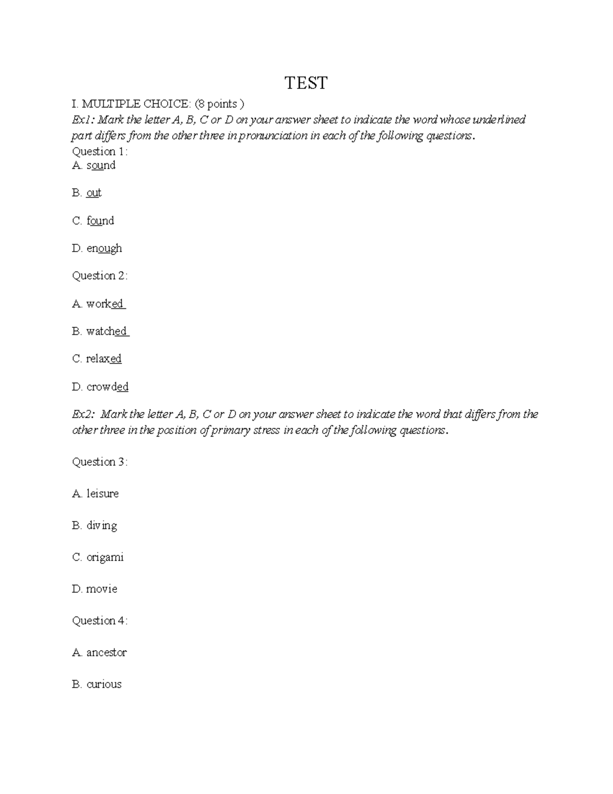 TEST I: Multiple Choice Questions and Answers - Studocu