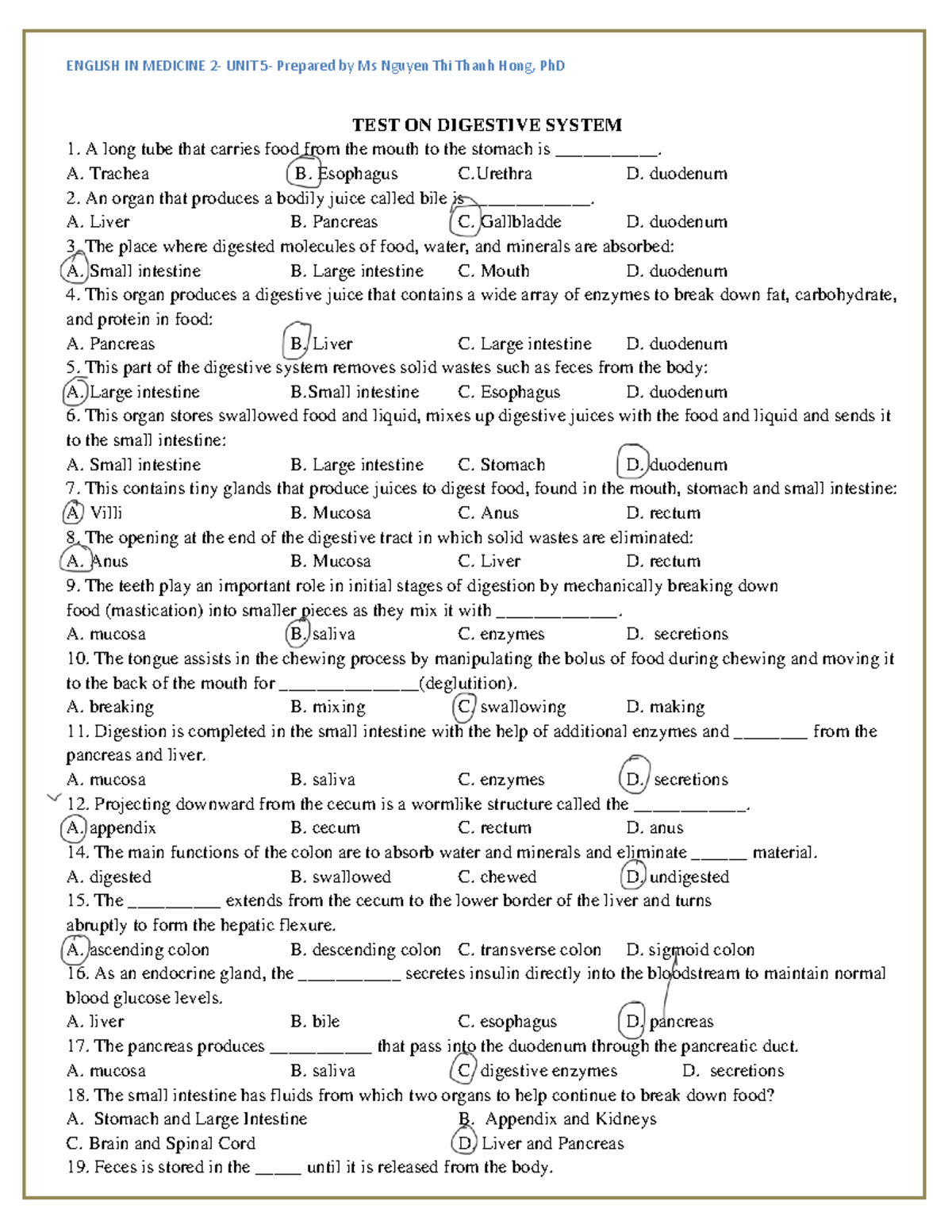 ENGLISH IN MEDICINE UNIT: TEST ON DIGESTIVE SYSTEM - Studocu