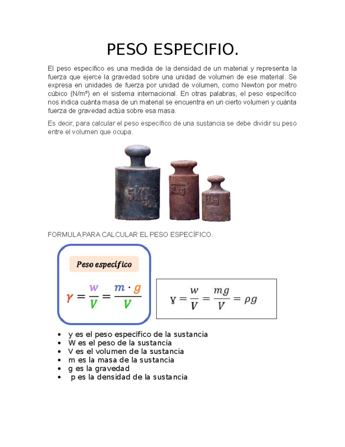 PESO ESPECÍFICO: Conceptos, Fórmulas y Ejemplos Prácticos - Studocu