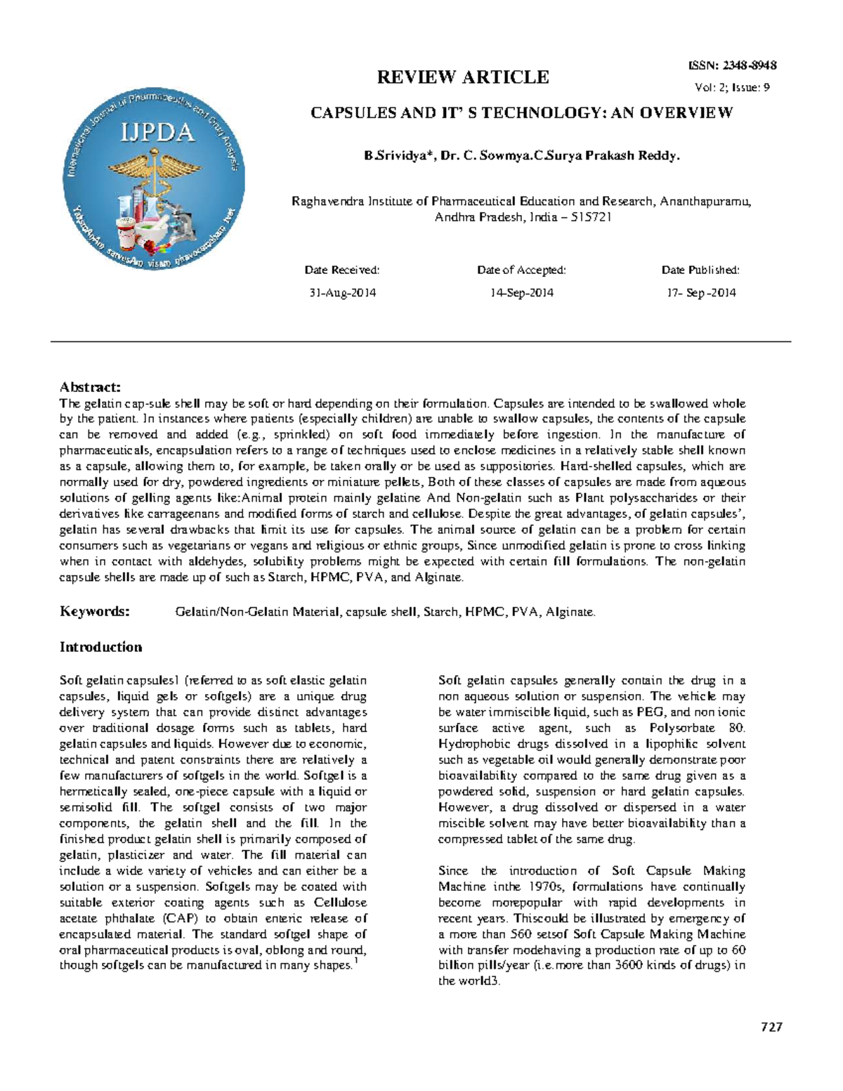 Capsules and Their Technology: An Overview (ISSN: Vol: 9) - Studocu