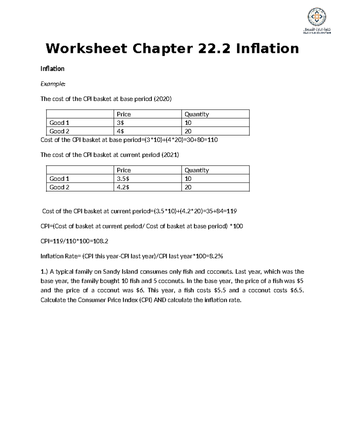 Chapter 22.2 Inflation Worksheet Solutions and CPI Calculations - Studocu