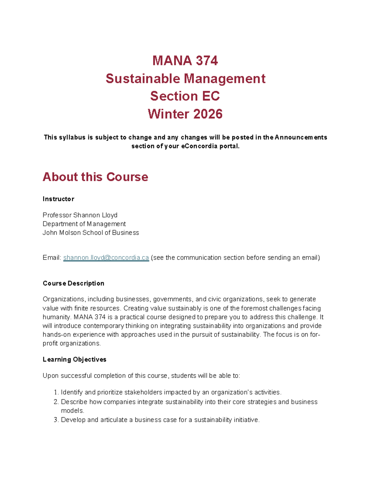 MANA 374 Sustainable Management Syllabus & Course Agenda Winter 2026 ...