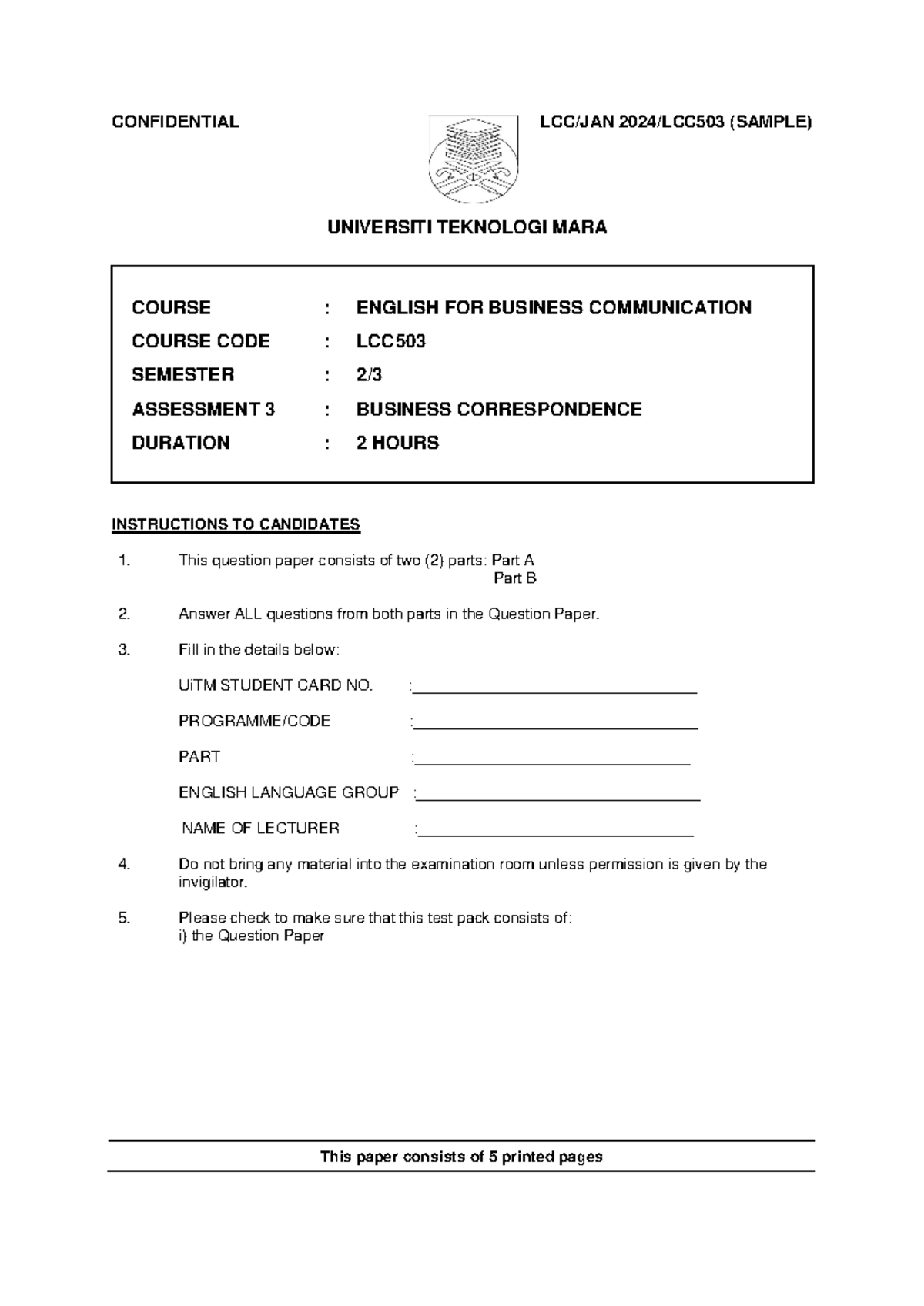 LCC503 Assessment 3: Business Correspondence Instructions and Tasks ...