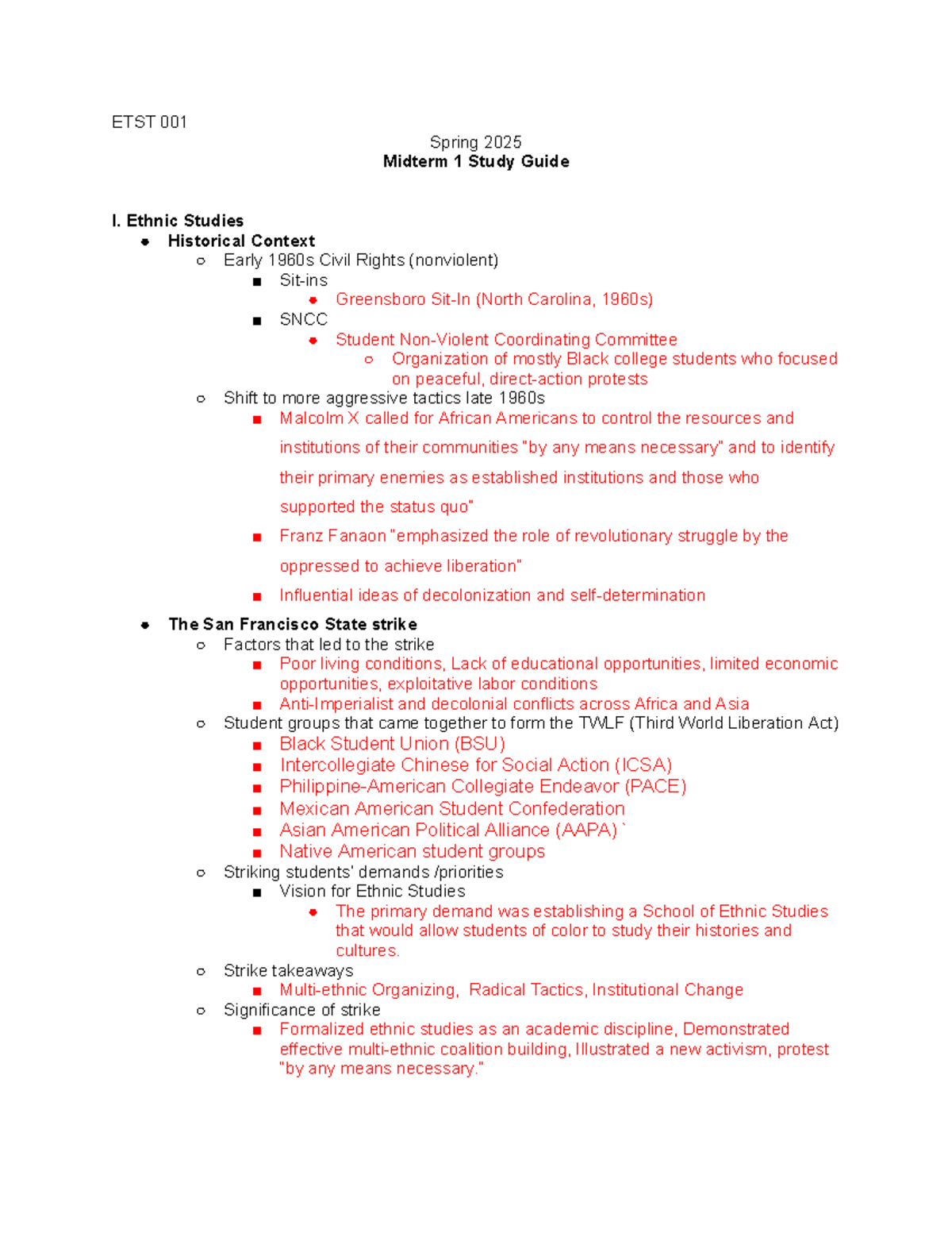 Midterm Study Guide for ETST 001: Ethnic Studies & Racial Formation ...