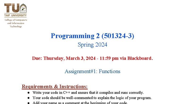 Programming 2 (CIT-2024) Assignment: Functions & Library Usage - Studocu