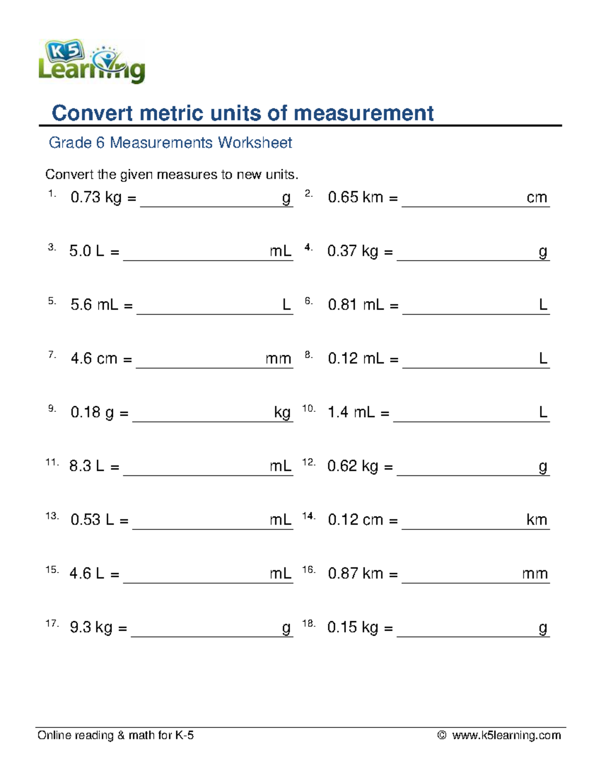 Grade 6 Metric Unit Conversion Worksheet - Studocu