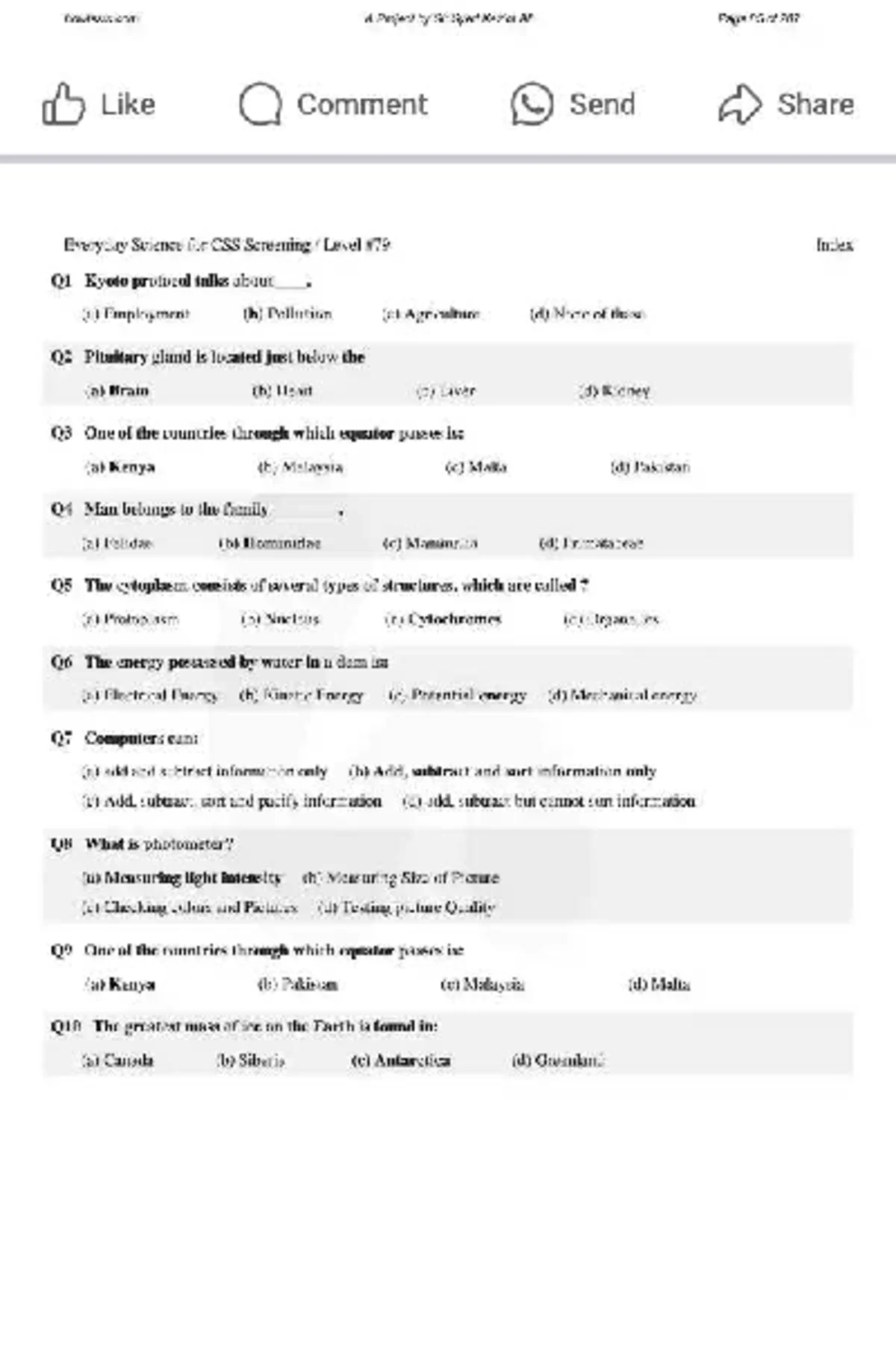 CSS Screening Everyday Science Quiz Questions and Answers - Studocu