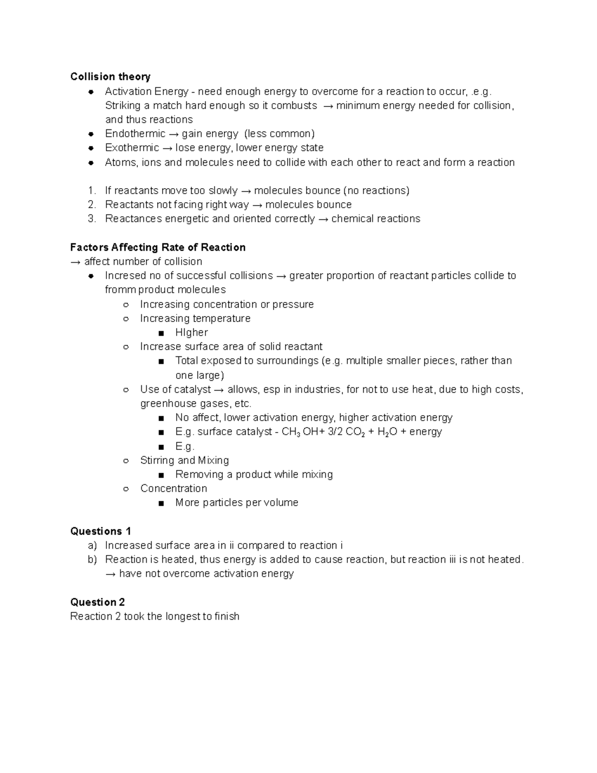 Chem notes - Rates of Reaction - Collision theory Activation Energy ...