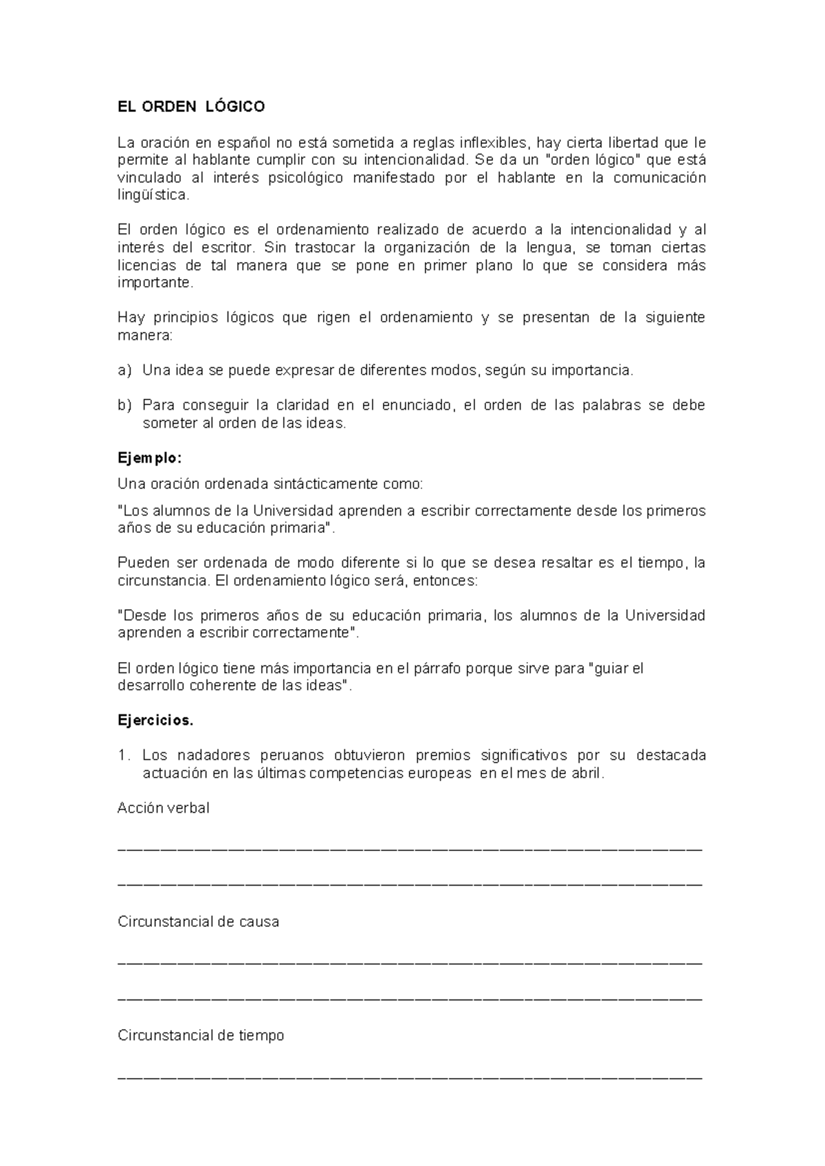 EL ORDEN LÓGICO EN LA ORACIÓN EN ESPAÑOL - Análisis y Ejercicios - Studocu