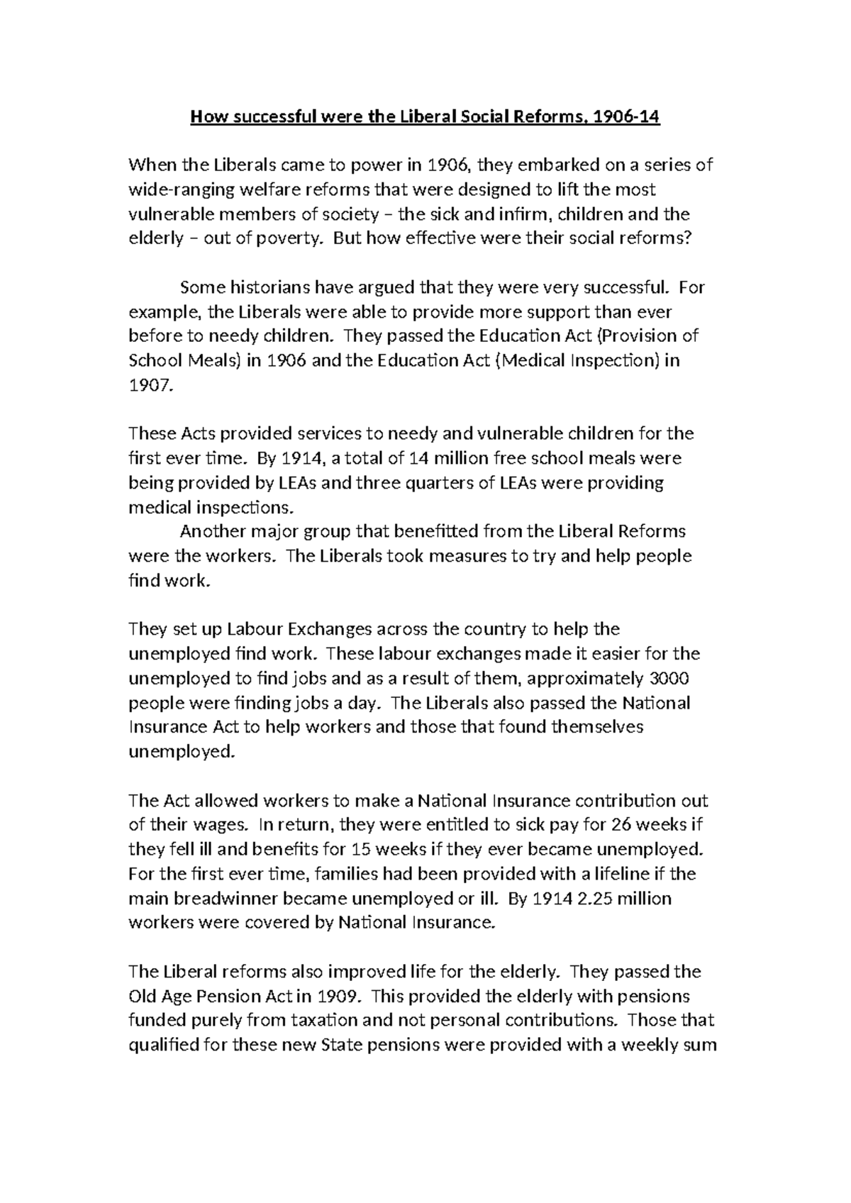 Success and Limitations of Liberal Social Reforms (1906-1914) - Studocu