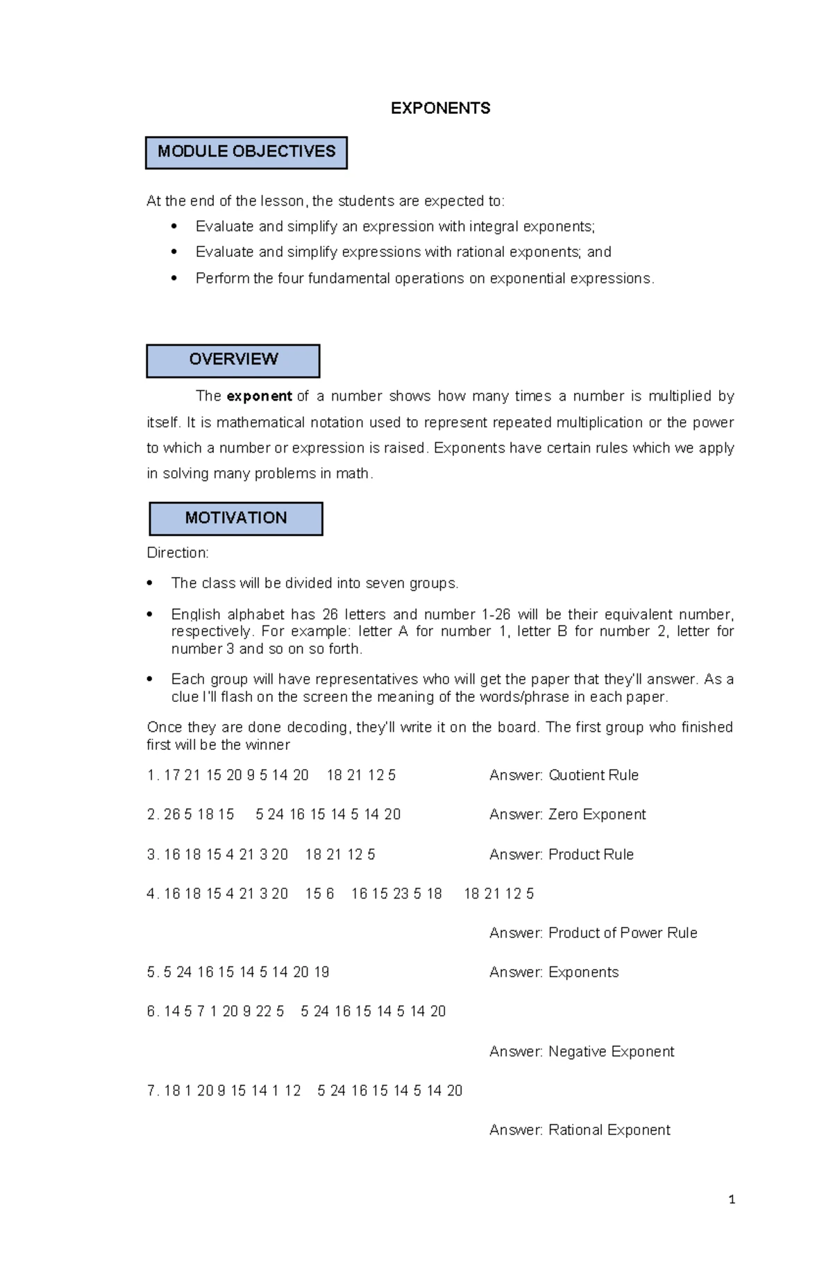 Advanced Algebra Module on Exponents and Their Operations - Studocu