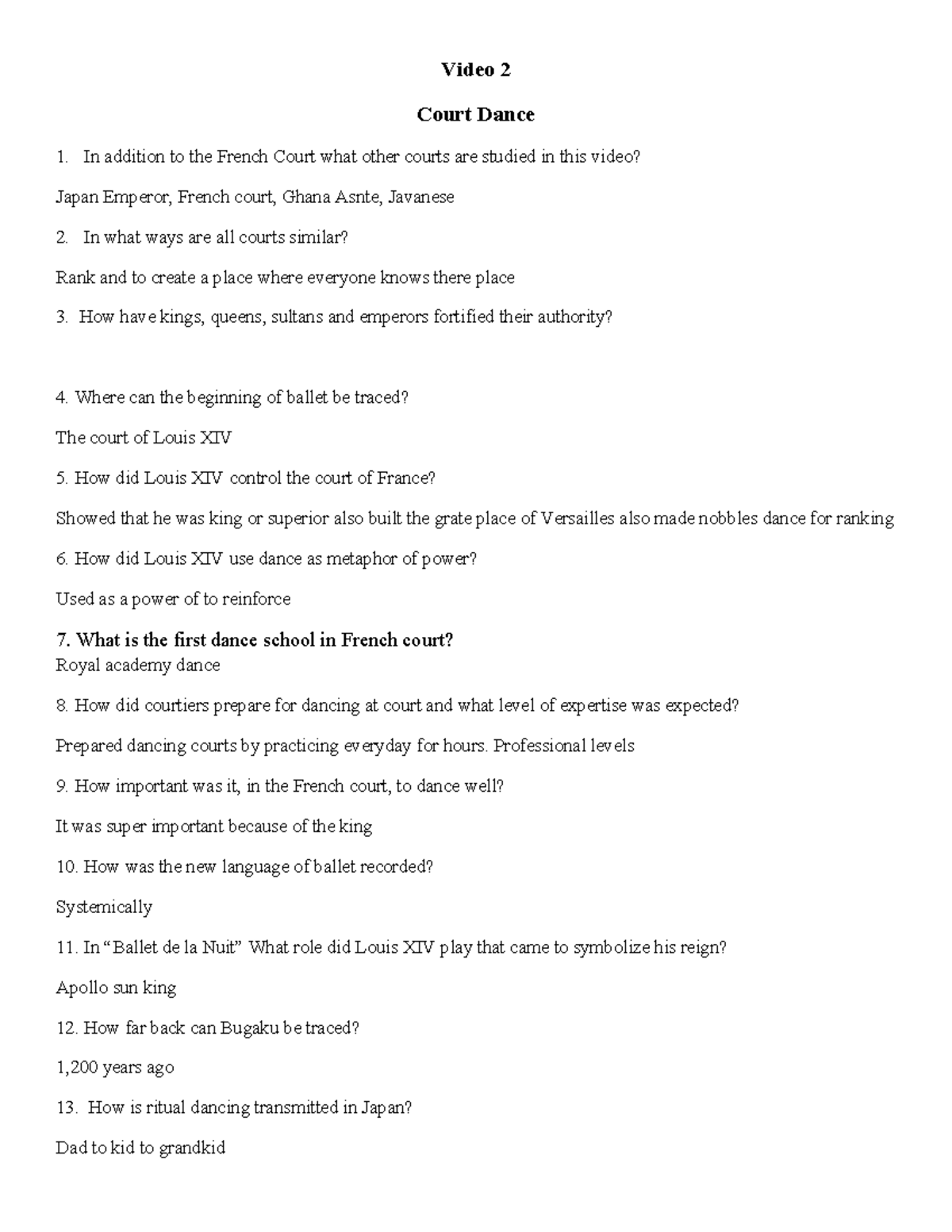Ch2-2. Video question answers - Video 2 Court Dance 1. In addition to ...