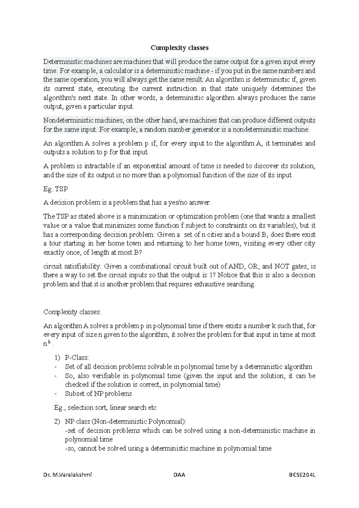 BCSE204L Complexity Classes Study Notes for Students - Studocu