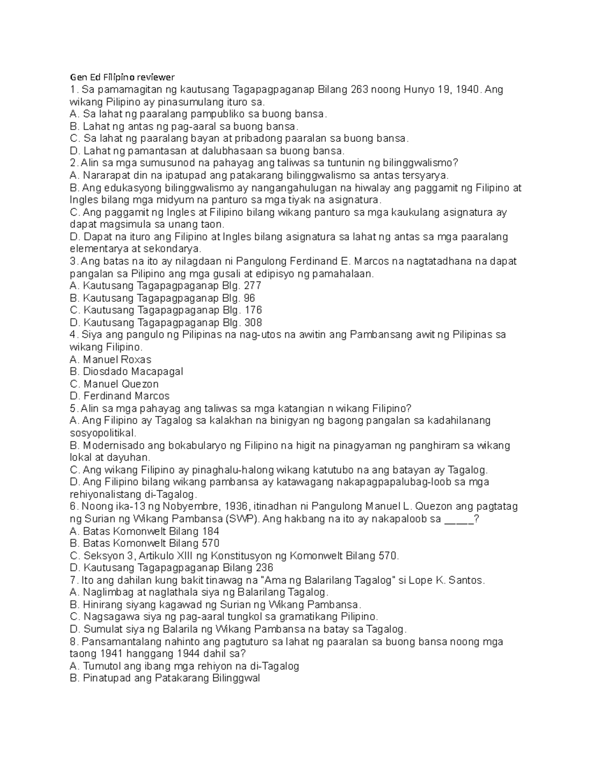 Gen Ed Filipino reviewer - Ang wikang Pilipino ay pinasumulang ituro sa ...