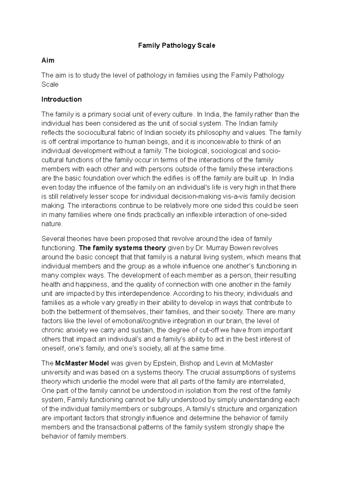 Family pathalogy - Family Pathology Scale Aim The aim is to study the ...