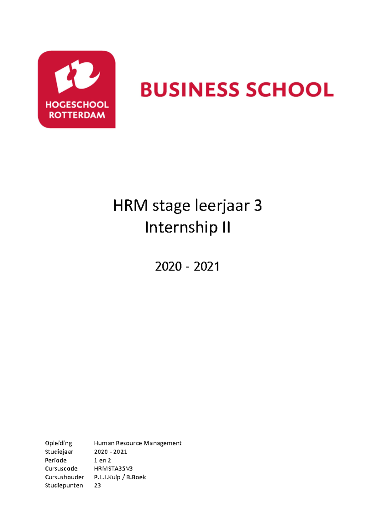 Cursusdocument HRMSTA35V: Handboek 3e Jaar Stage HRM 2020-2021 ...