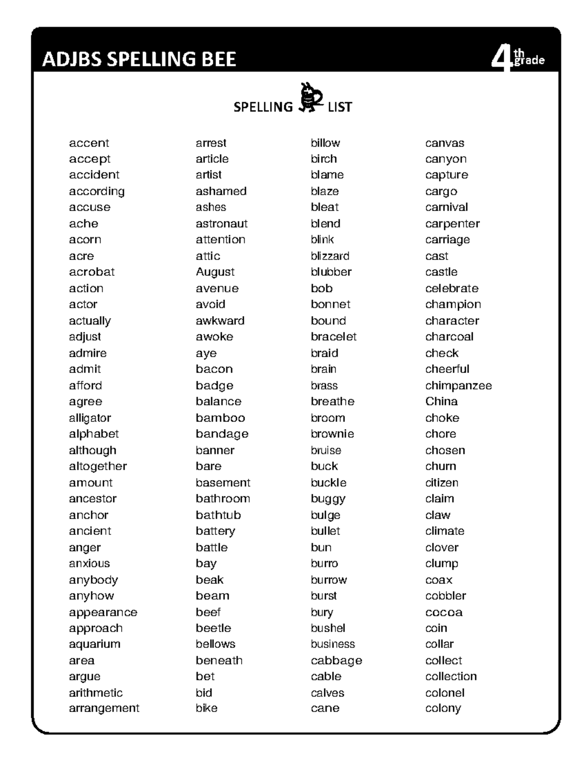 4th Grade ADJBS Spelling Bee Word Lists - Studocu