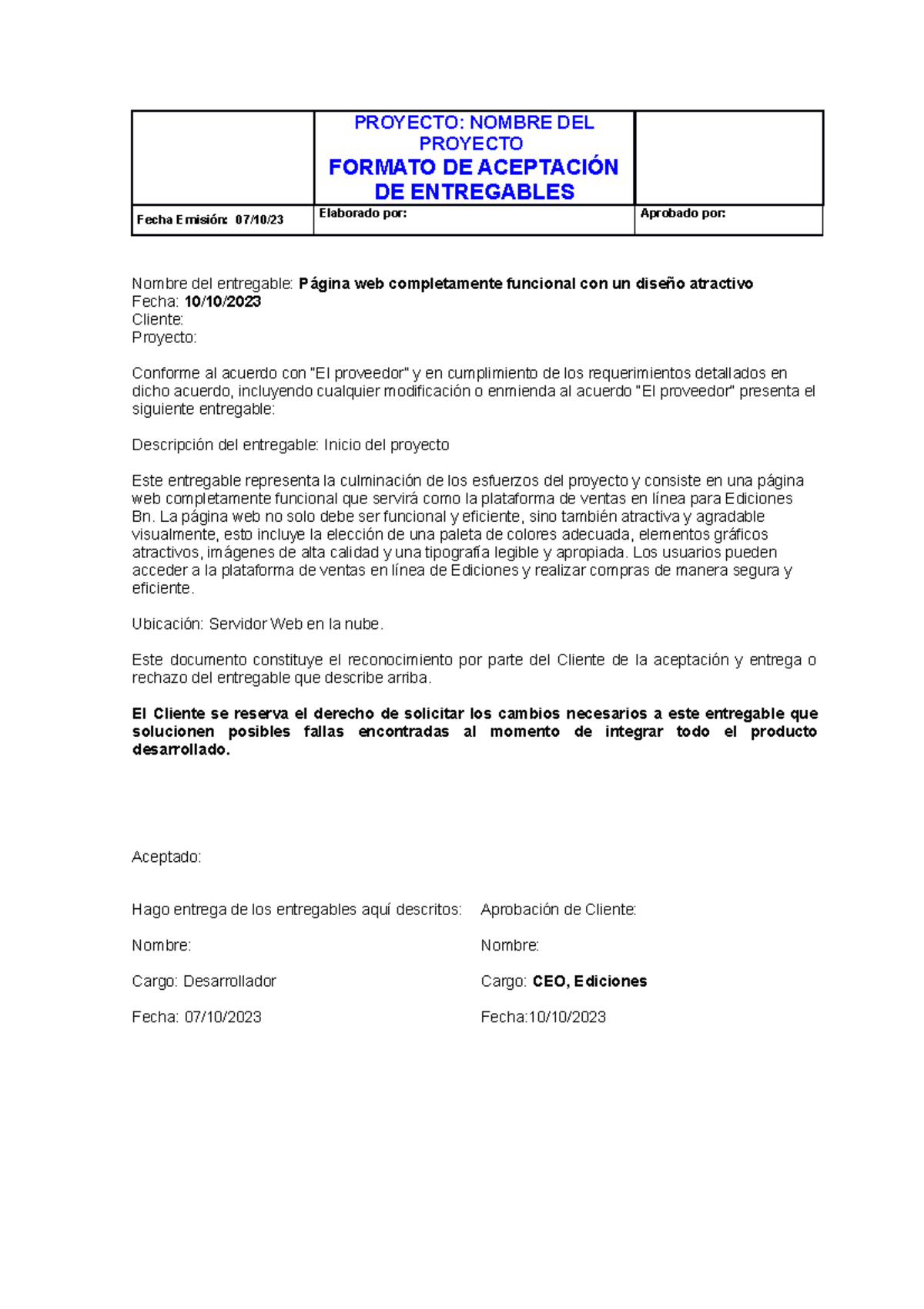 Formato de Aceptación de Entregables - Proyecto Web 07/10/23 - Studocu