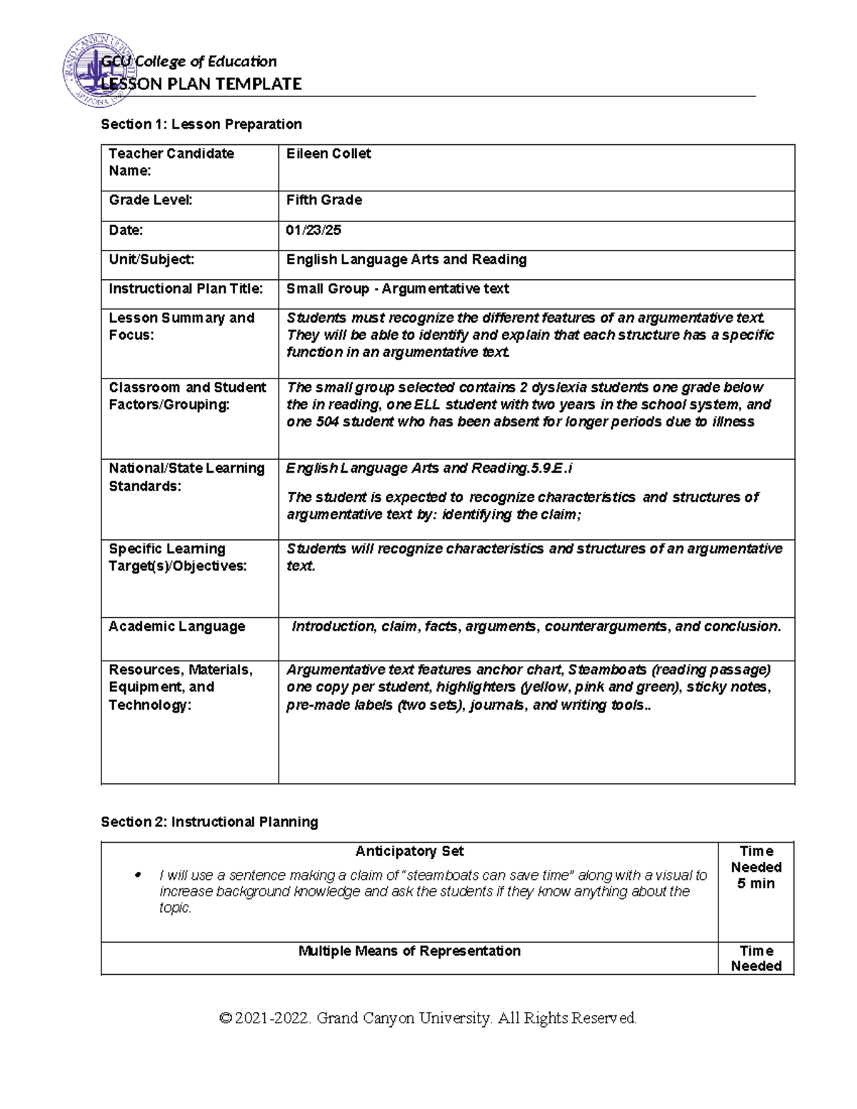 Ela Lesson Plan Example