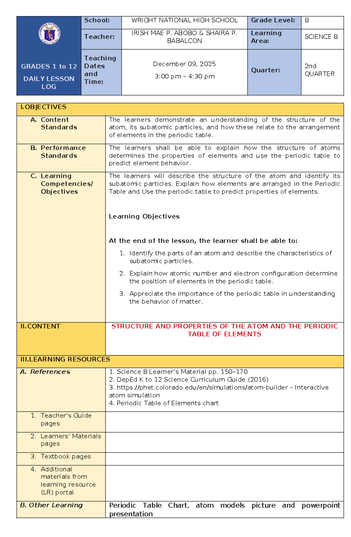 DLP Midterm Lesson Plan: Structure & Properties of Atoms - SCI 8 - Studocu