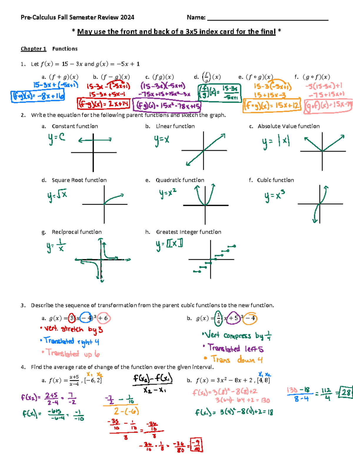 Fall 2024 Final Exam Review: Functions and Graphing Concepts - Studocu