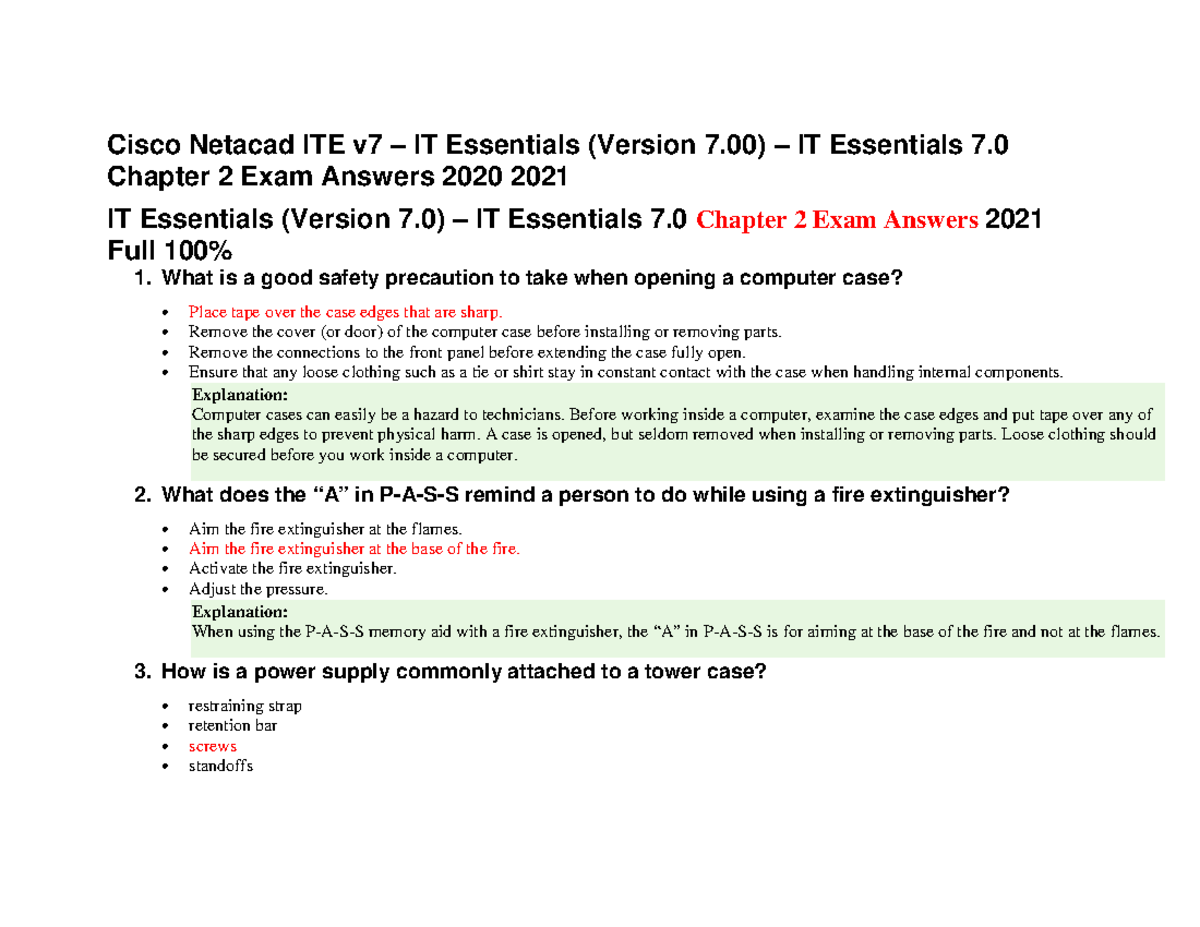 IT Essentials 7.0 Chapter 2 Exam Answers - Cisco Netacad ITE v7 - Studocu
