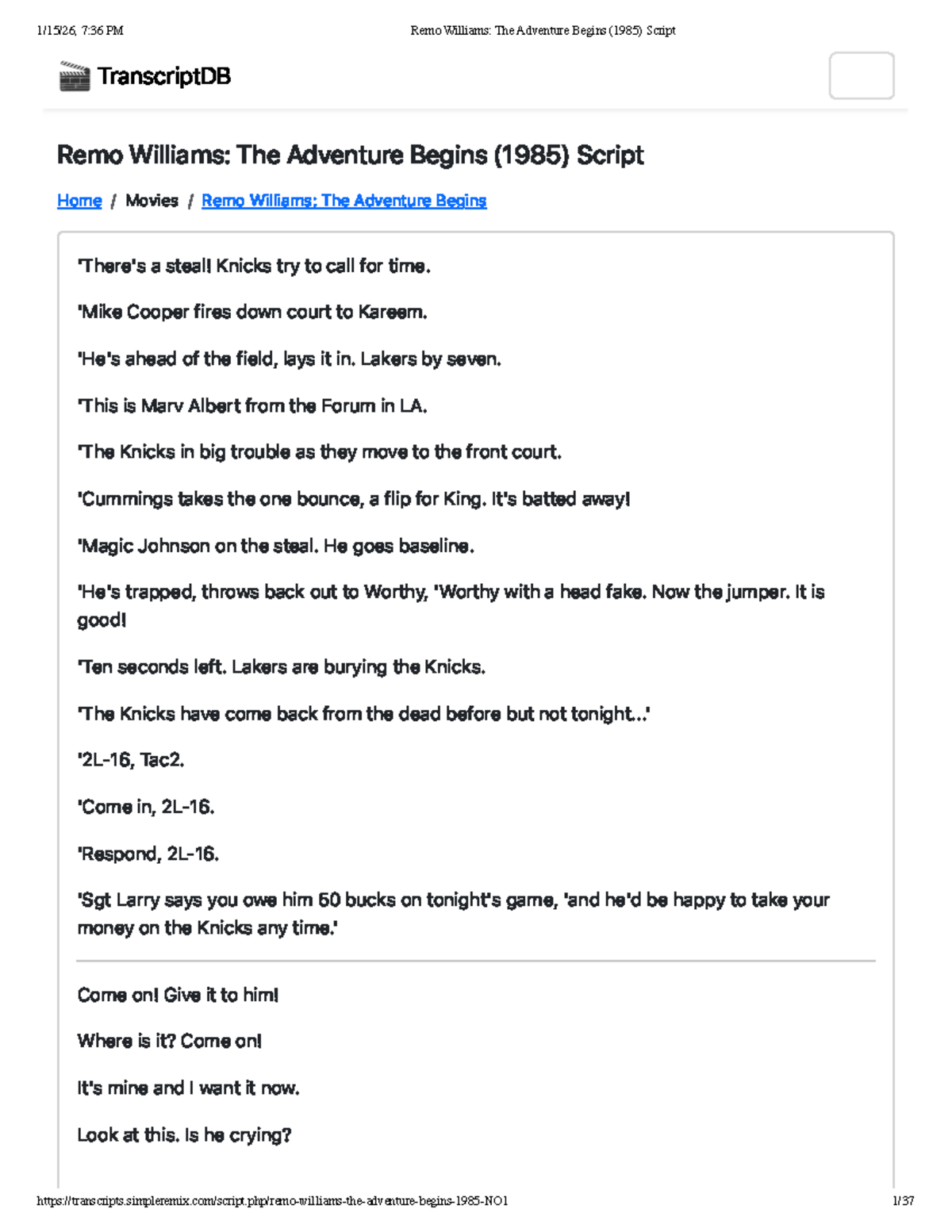 Remo Williams: The Adventure Begins (1985) Full Script Analysis - Studocu