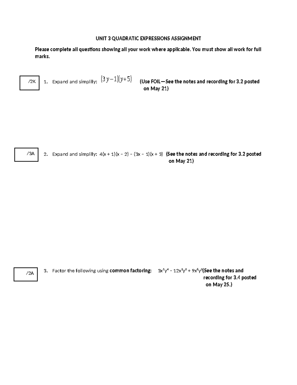 Assignment Unit 3 Quadratic Expressions Q4 - UNIT 3 QUADRATIC ...