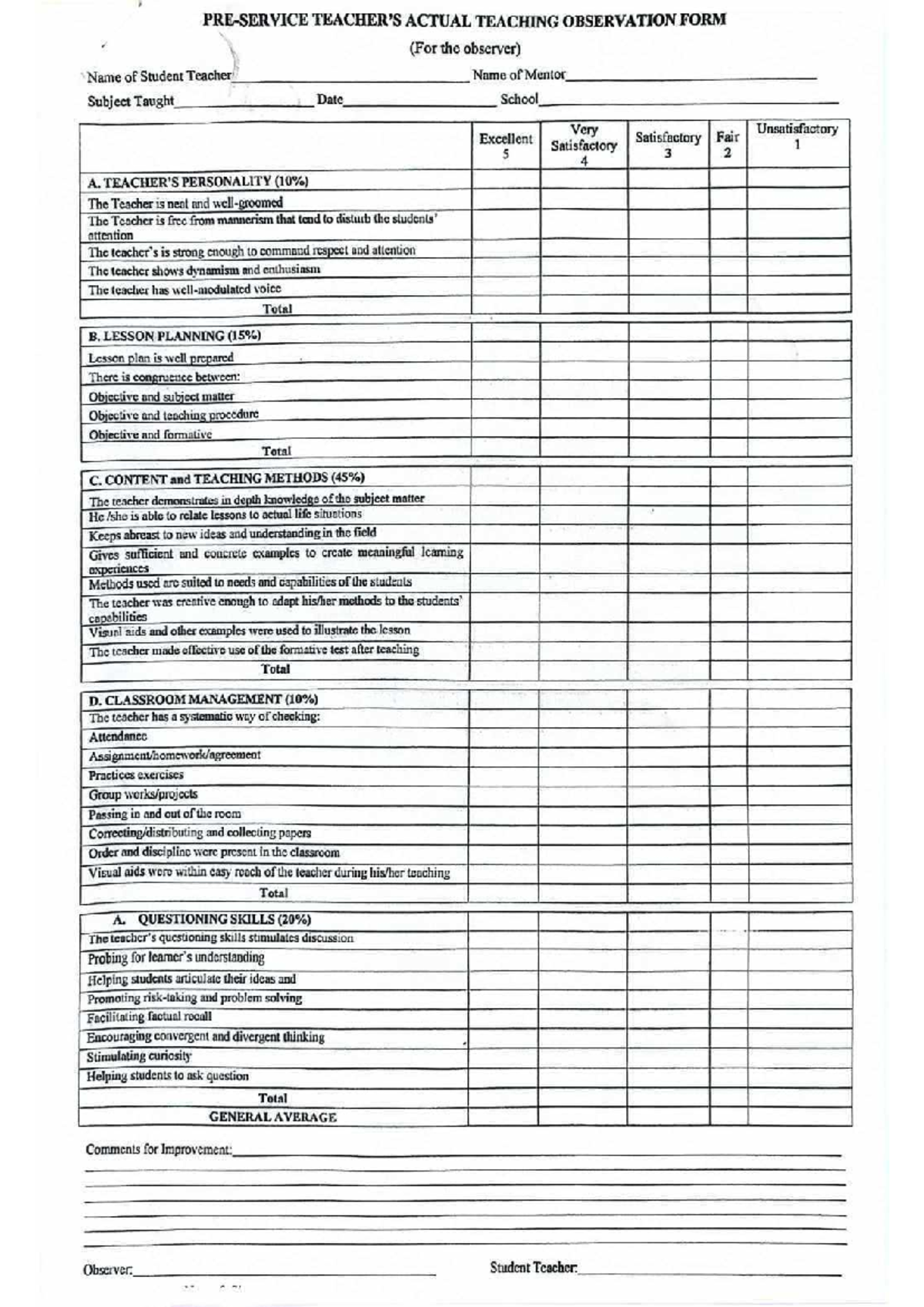 Evalutaion - None - ACTUAL TEACHING OBSERVATION FORM (For the observer ...