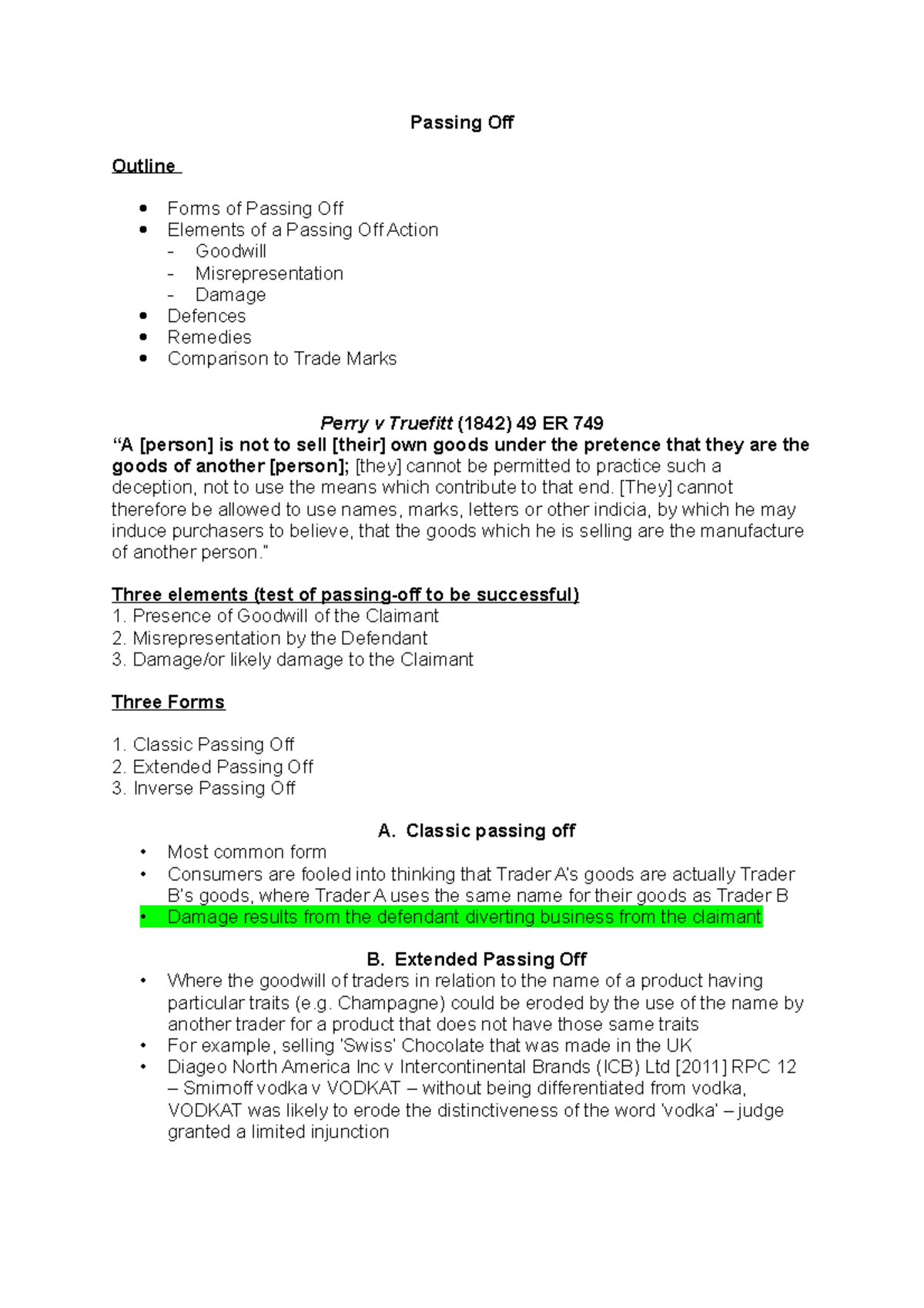 Passing Off: Key Concepts and Legal Framework in Law Notes - Studocu