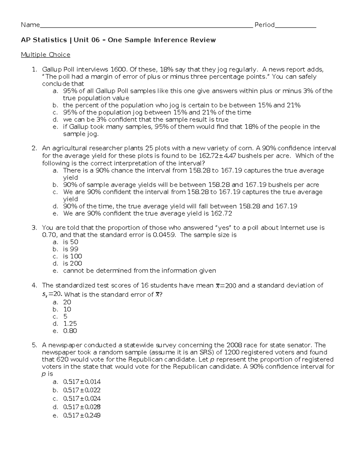 AP Statistics Unit 06: One Sample Inference Review Practice Material ...