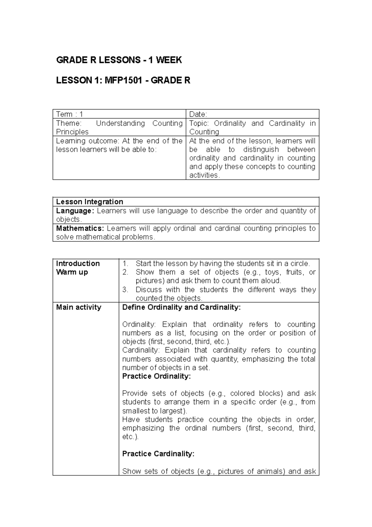 TPF3701 Lesson Plans - Grade R and Grade 1 Activities Overview - Studocu
