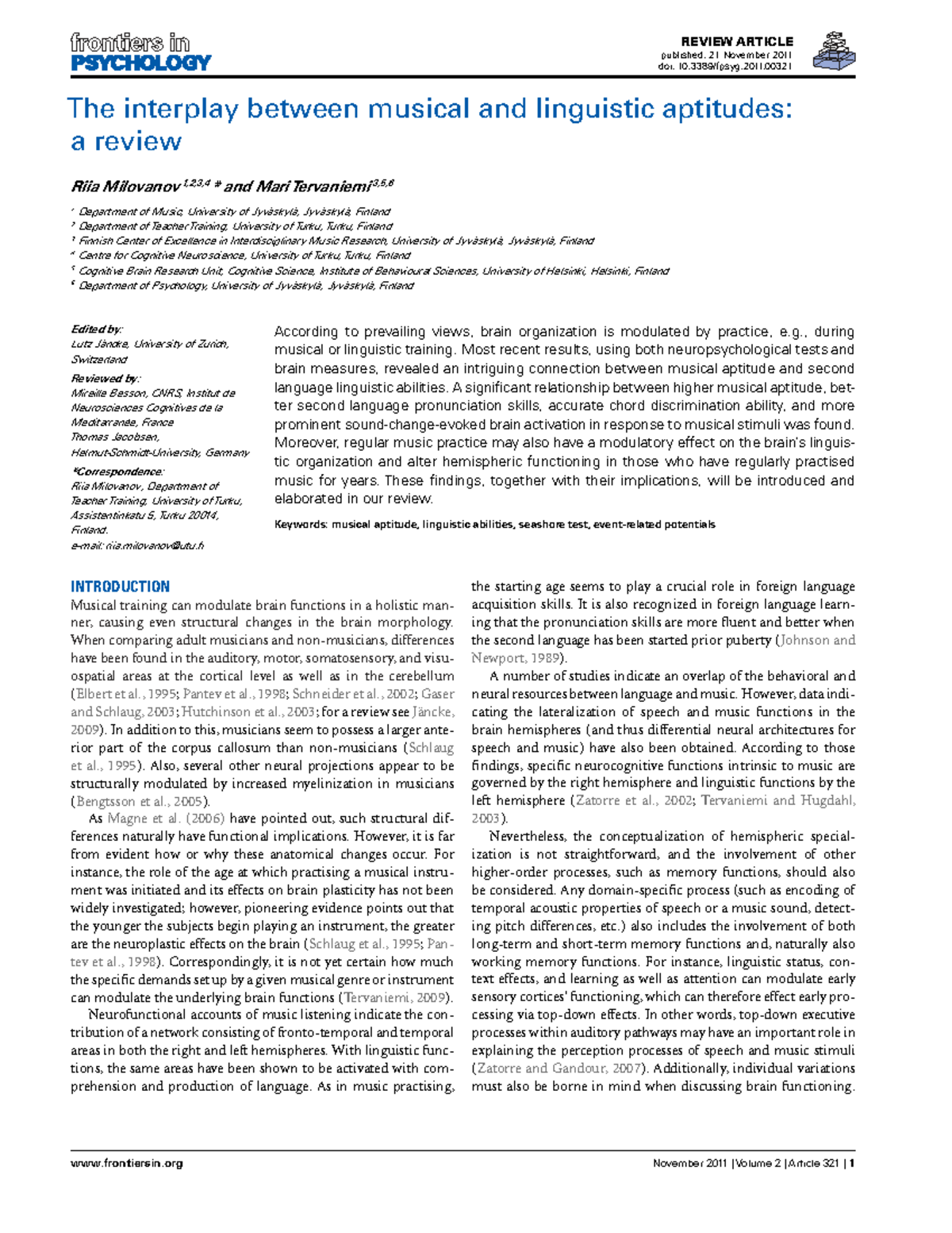 REVIEW ARTICLE: The Interplay of Musical Aptitude and Linguistic Skills ...
