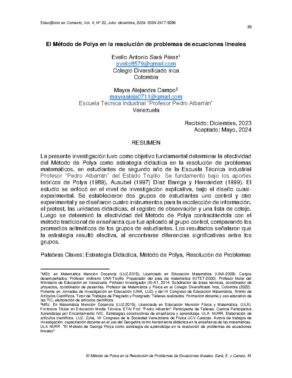 El Método de Polya en la Resolución de Problemas de Ecuaciones Lineales ...