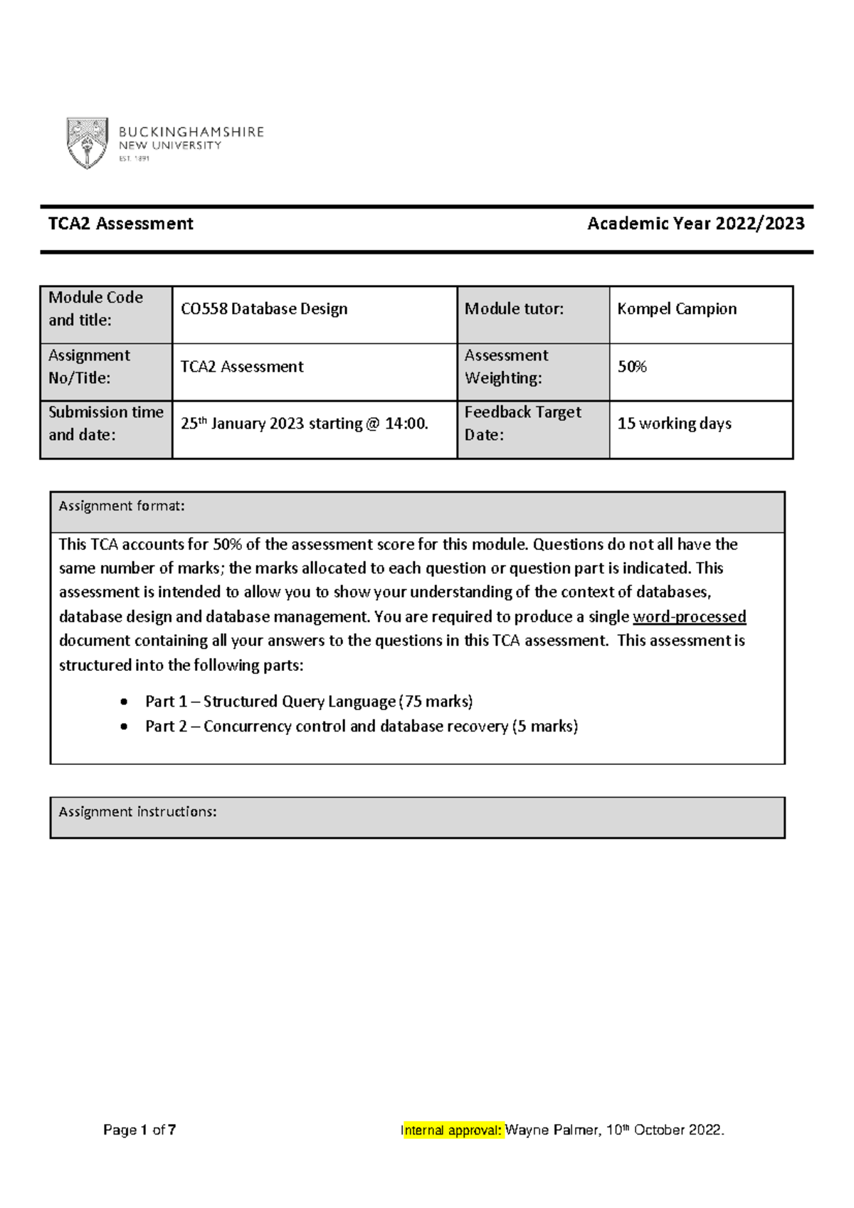 22-23 CO558 Database Design TCA2 Student Version - TCA2 Assessment ...