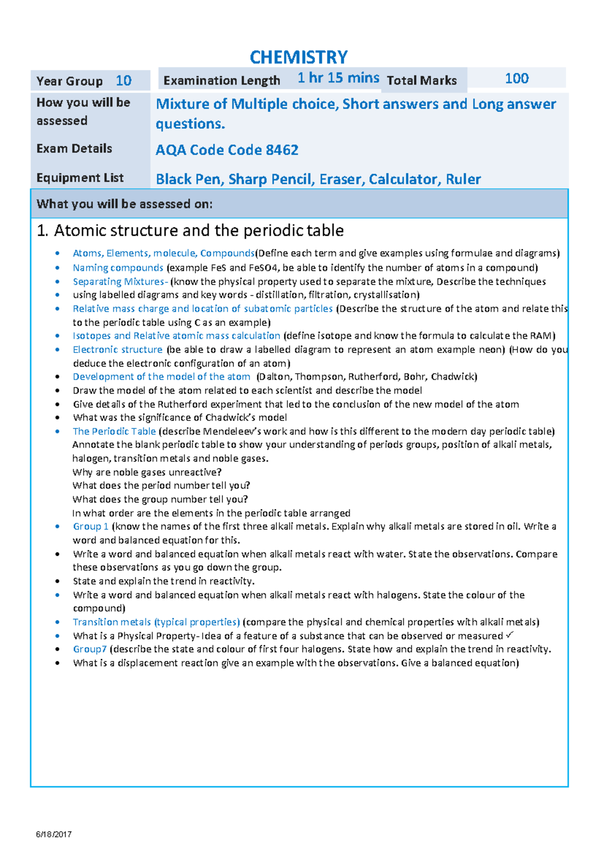 GCSE Chemistry Revision Guide (AQA 8462) for Year 10 Exam Prep - Studocu