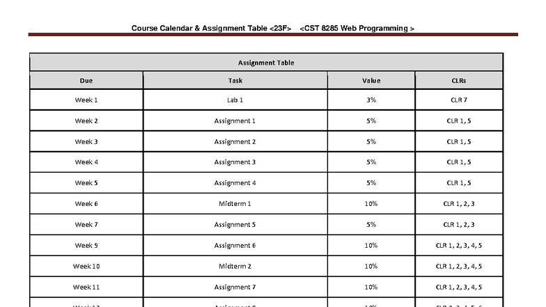 Course Calendar - CST8285 Web Programming Assignments & Evaluations ...