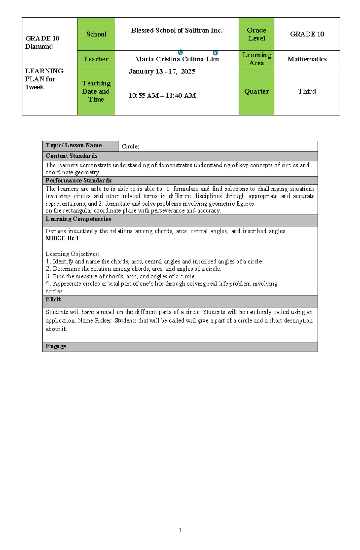 Grade 10 circles - lesson plan for my subject - Topic/ Lesson Name ...