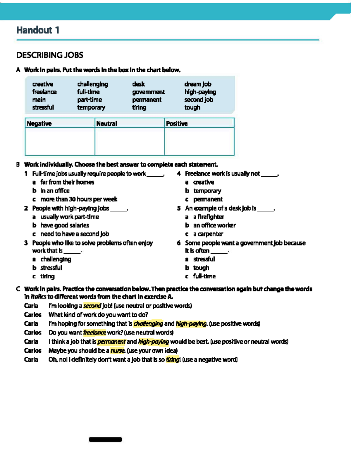 BUS 2.0 Level 4 Lesson Plan 8: Describing Jobs Handout 1 - Studocu