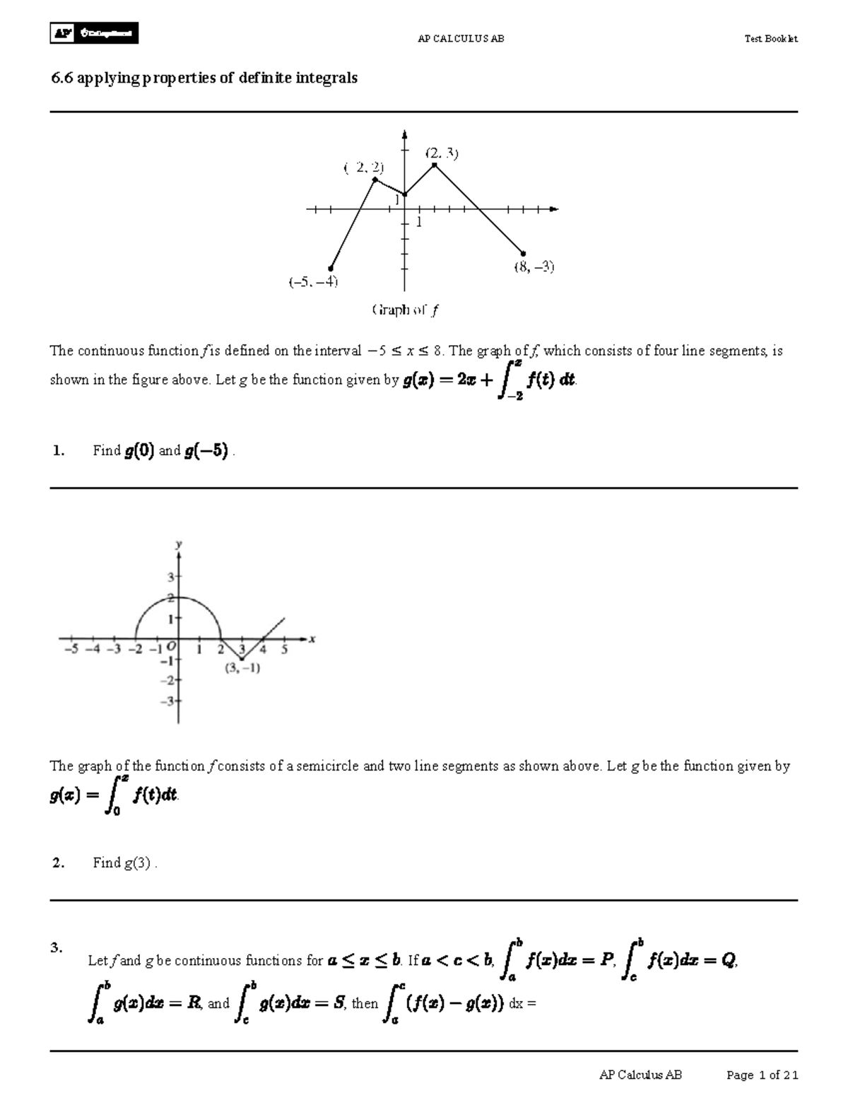 AP Calculus AB: 6.6 Exploring Properties of Definite Integrals - Studocu