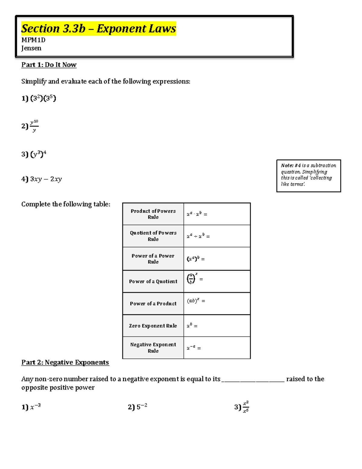 MPM1D Exponent Laws Worksheet Practice: Section 3.3b - Studocu