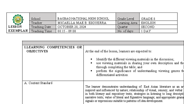 Q2-L3: Viewing Genres Lesson Plan for Grade 8 English - Studocu