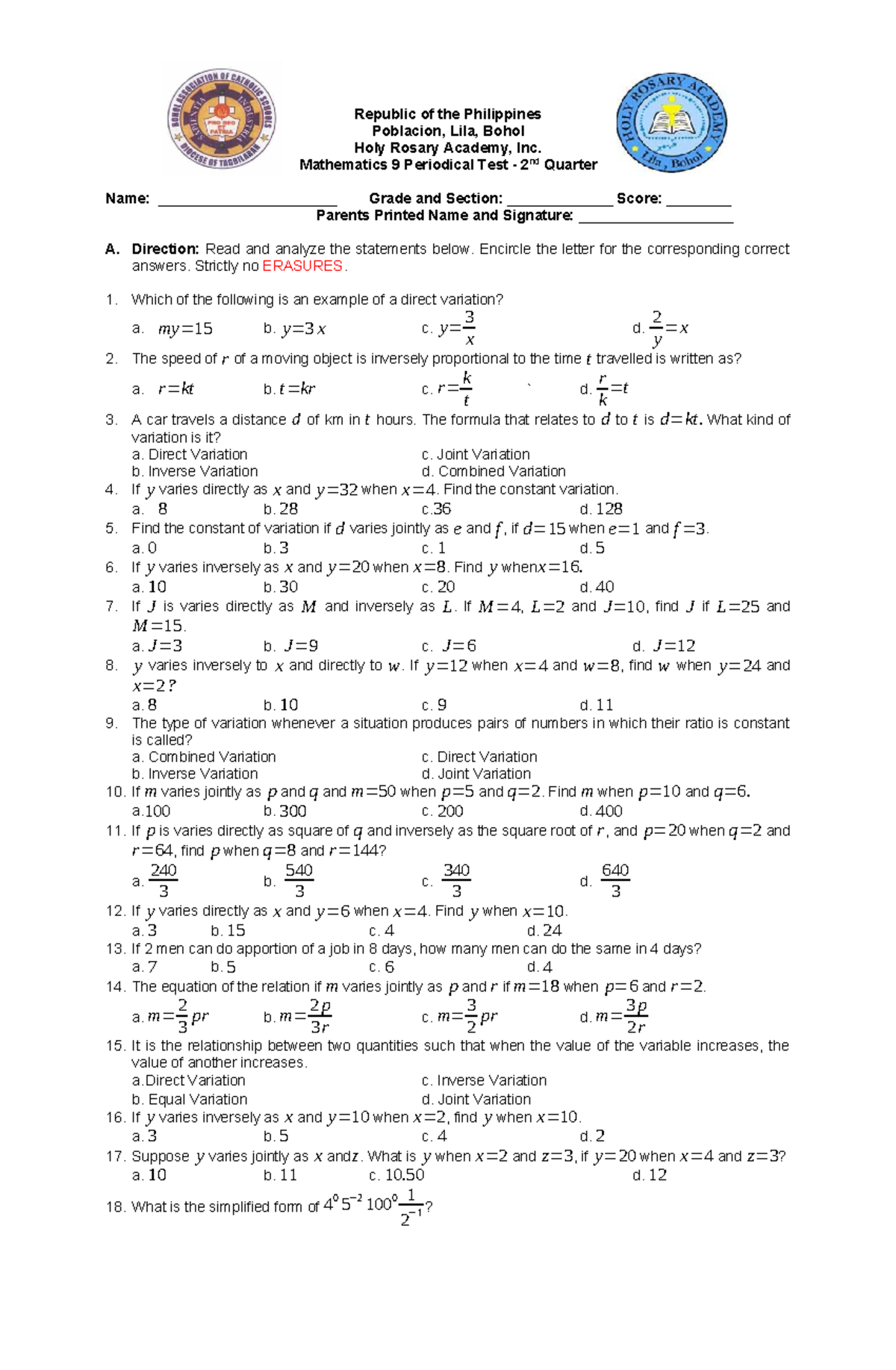 Grade 9 Math- Periodical Test 2 - Republic of the Philippines Poblacion ...
