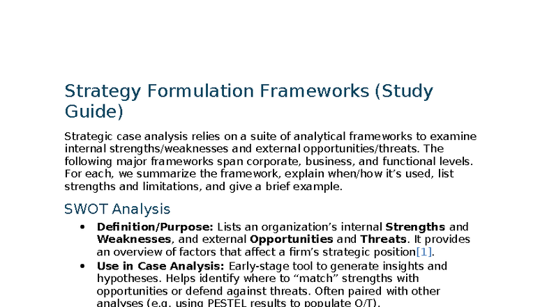 Strategy Formulation Frameworks (Study Guide) for Strategic Analysis ...