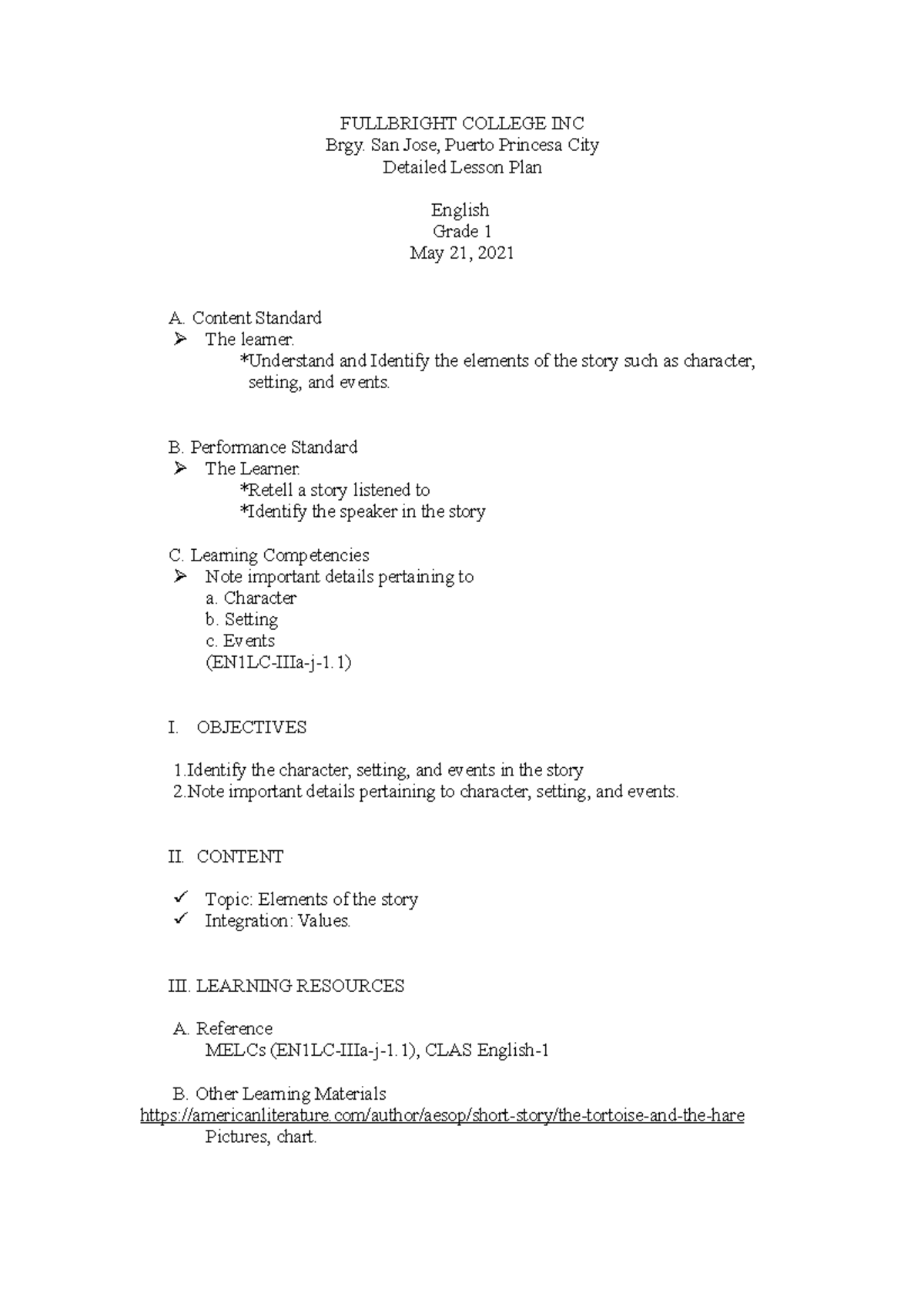 Detailed Lesson Plan on Story Elements for English Grade 1 (EN1LC-IIIa ...