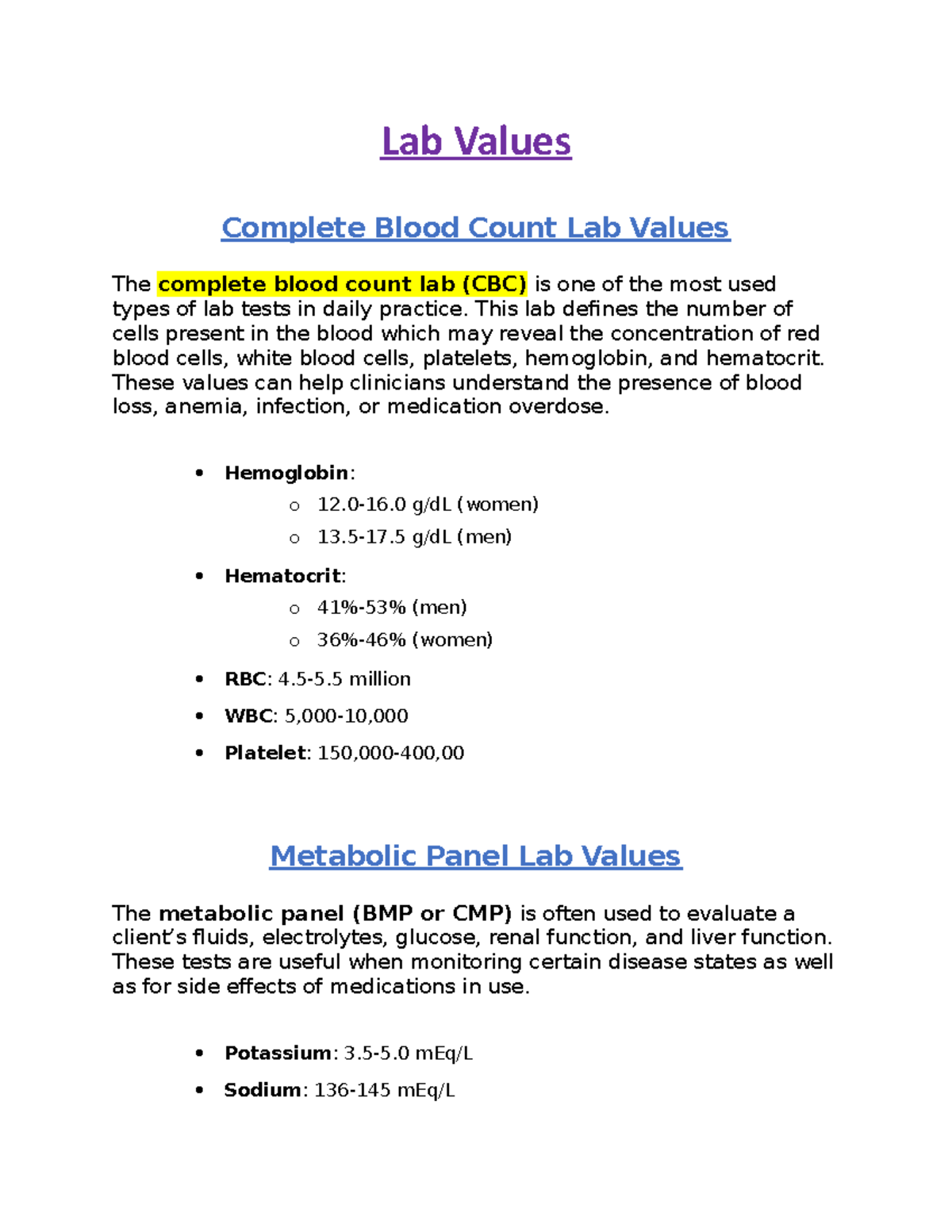 Lab Values Lecture - Lab Values Complete Blood Count Lab Values The ...