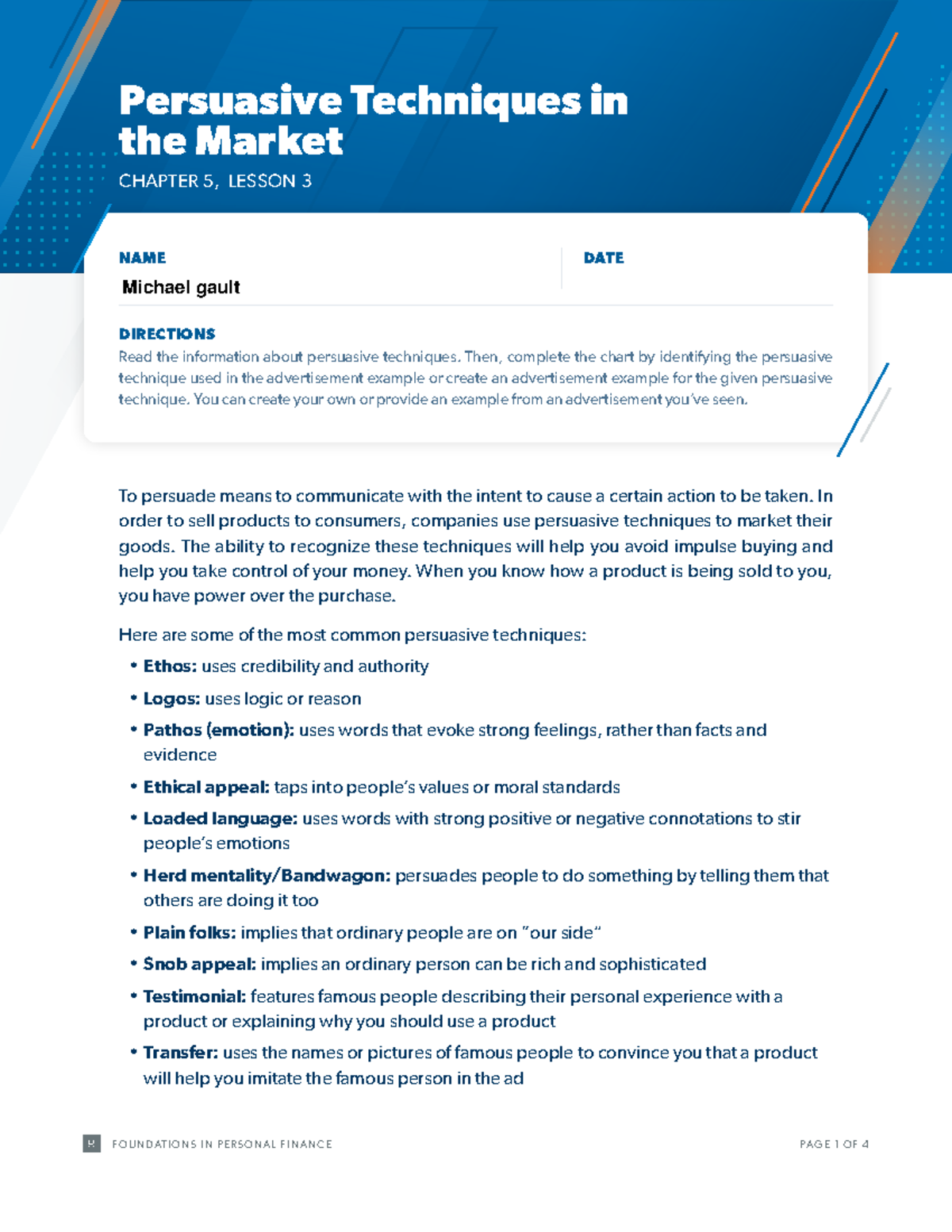 Persuasive Techniques in Marketing: CH 5, Lesson 3 Activity - Studocu