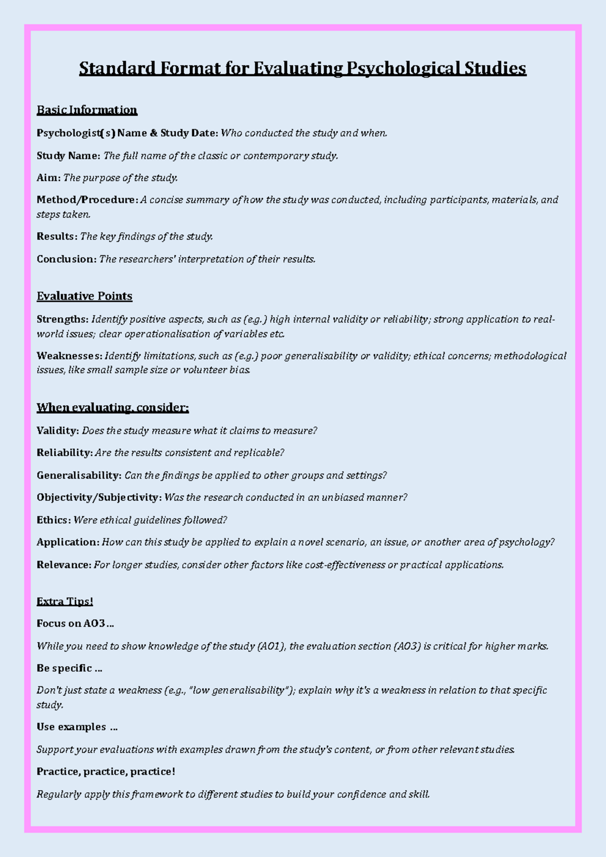 Standard Format for Evaluating Psych Studies: Key Points & Tips - Studocu