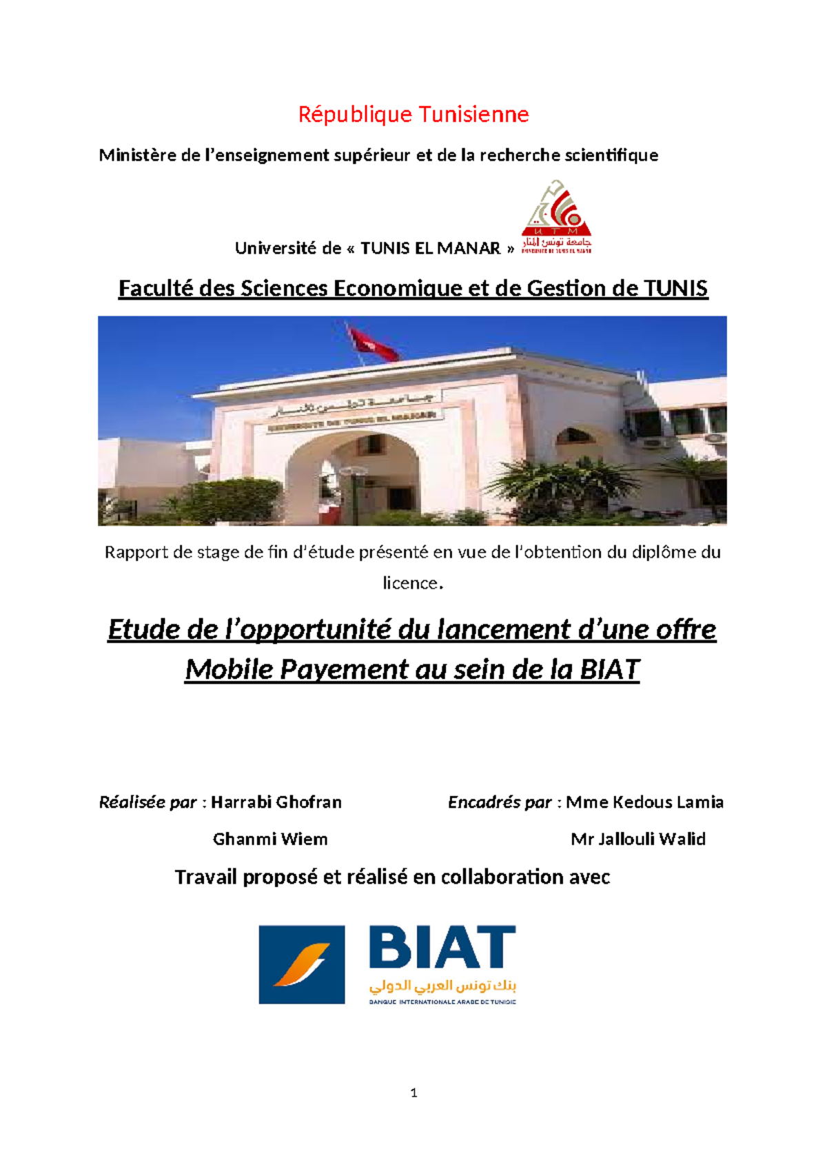 Rapport de Stage PFE : Opportunités du Mobile Paiement à la BIAT - Studocu