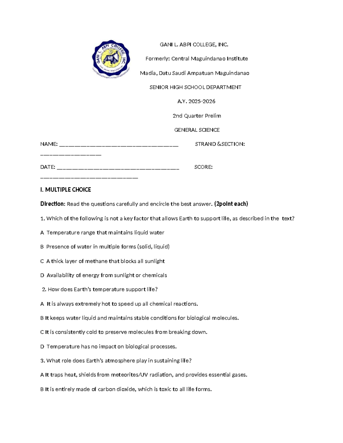 GANI L. ABPI COLLEGE, INC. A.Y. 2nd Quarter Prelim General Science ...